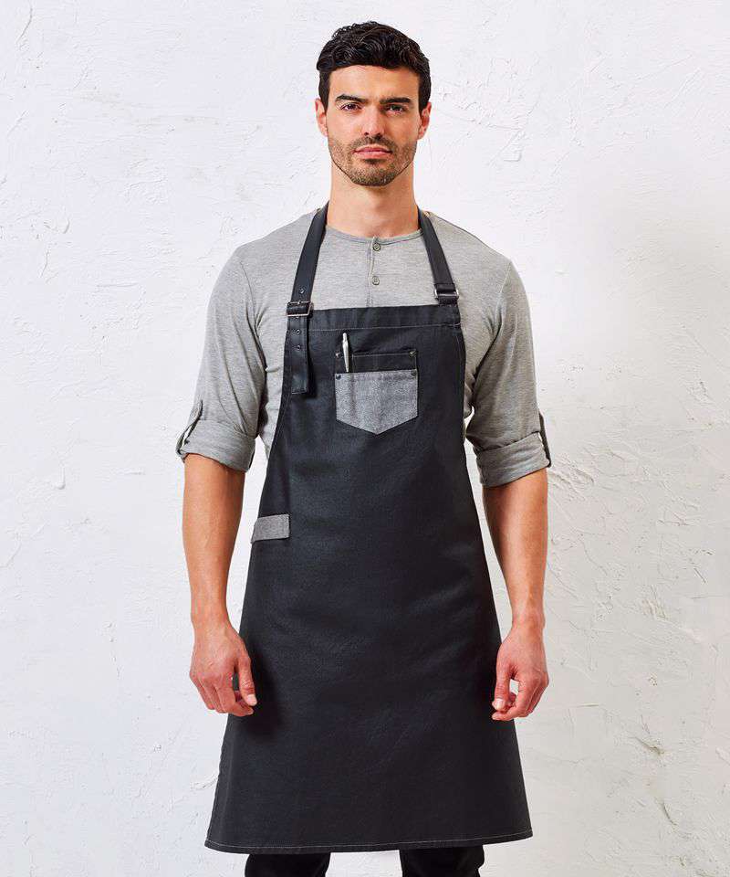 Division waxed-look denim bib apron with faux leather | PR136 | Cardiff ...